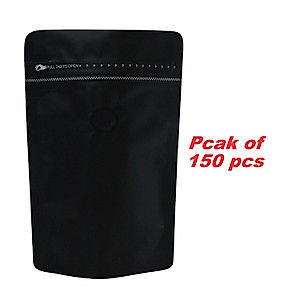 BAAGGNAA 150 Pack Stand up Coffee Bean Bag with Valve Matte Metallic Ziplock Bags Heat-Sealable Resealable Solid Color Pouches for Food Storage (Black,9 * 13.3 inch,2 lb)