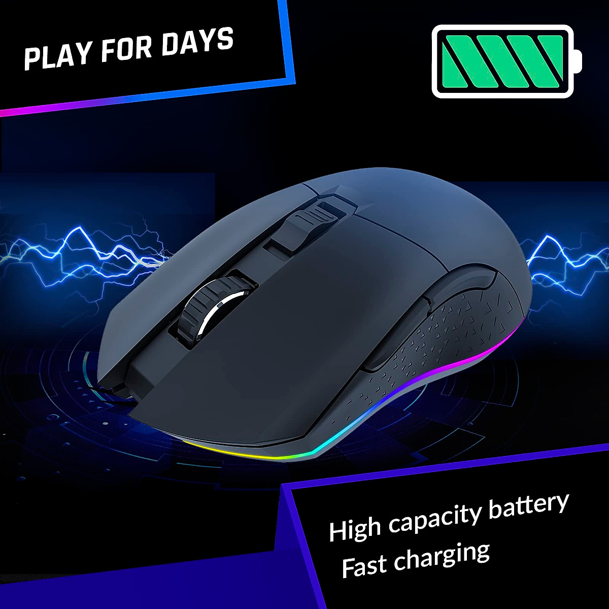 KLIM Blaze Rechargeable Wireless Gaming Mouse RGB New 2024 - High-Precision Sensor and Long-Lasting Battery - 7 Customizable Buttons - Up to 10000 DPI - Wired & Wireless Mouse for PC Mac & PS4 PS5