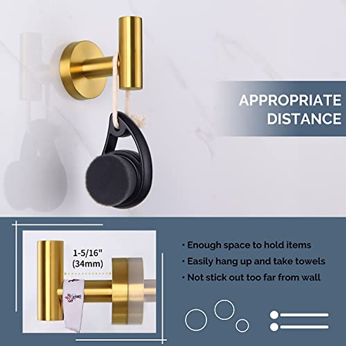 Angle Simple Bathroom Towel Hook 2 PCS, SUS304 Stainless Steel Bath Towel Robe Coat Holder, Heavy Duty Wall Hook, Brushed Gold