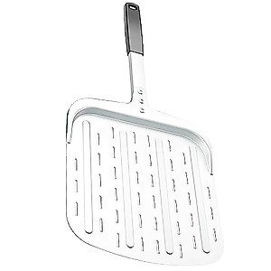 Perforated Pizza Peel 12-inch, Hard Anodized Aluminum Metal Pizza Spatula Paddle (12'' x 13.7''), Pizza Turning Peel, with Long and Heat Resistant Silicone Handle, Pizza Oven Accessories