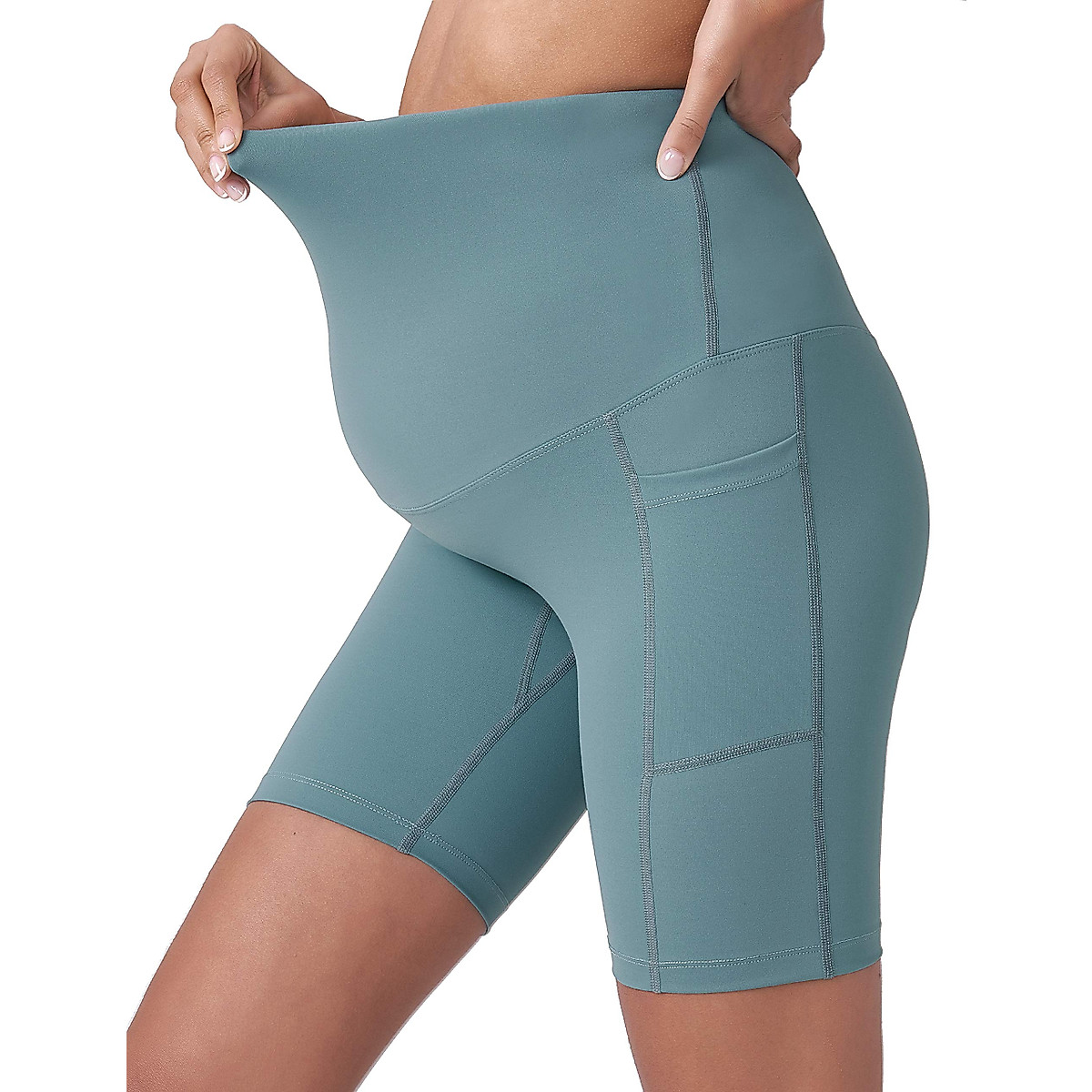 POSHDIVAH Women's Maternity Yoga Shorts Over The Belly Bump Workout Active Short Pants Light Green 8" Large