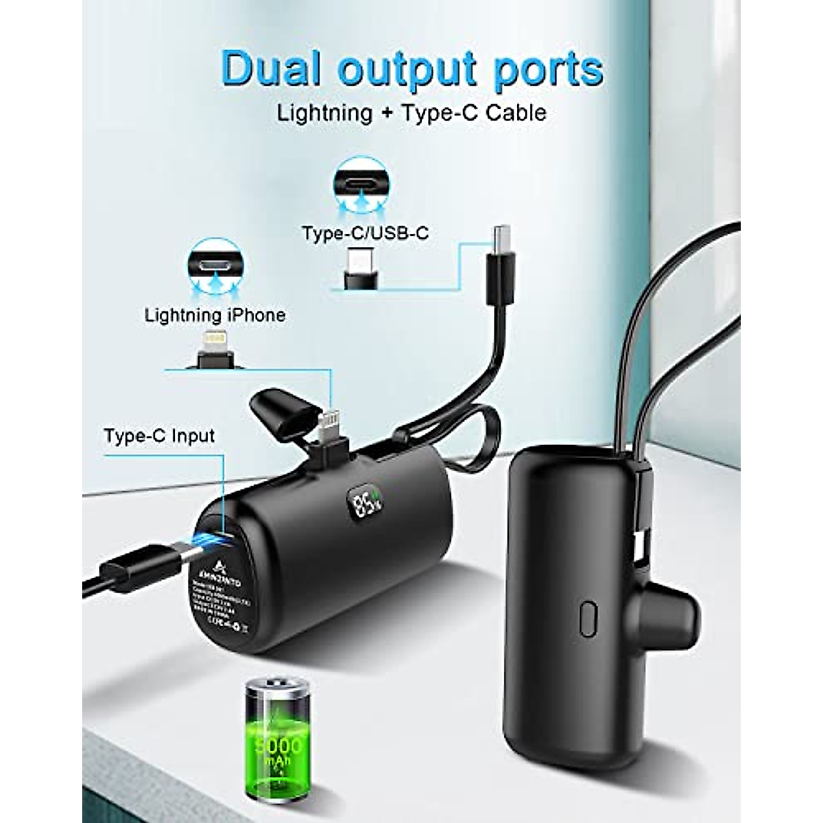 Aimenzunto Small Portable Charger Power Bank, 5000mAh with Lightning & USB C Dual Output Powerbank, LED Display Battery Pack Fast Charging for iPhone 14/13/12/11 Samsung Google Pixel Moto etc