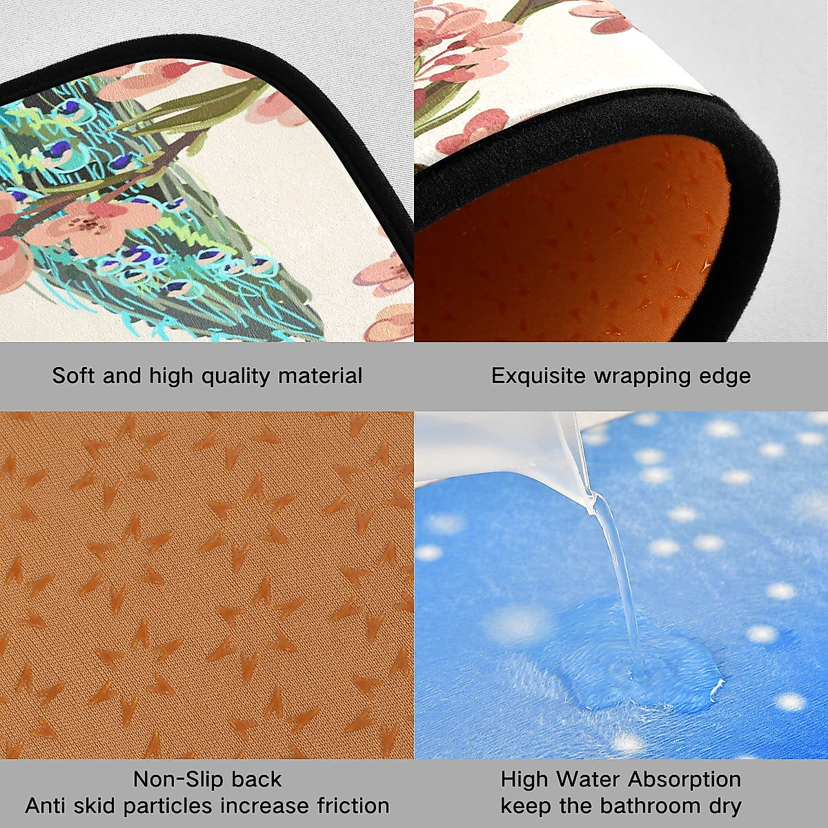 Peacock Flower Tree Kitchen Mat Set 2PCS, Super Absorbent Kitchen Rugs and Mats Non Slip Easy Clean Carpets Rugs for Kitchen Floor Sink Laundry Runner Area Rug Carpet