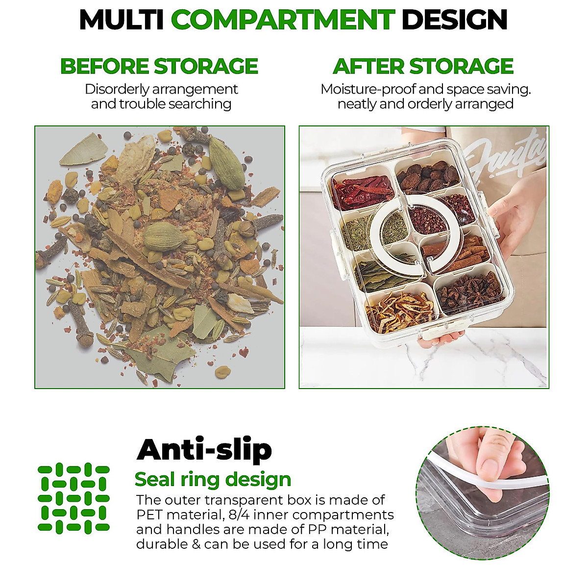 Kenswiss 2 Pack Divided Serving Tray with Lid and Handle | Portable Snackle Box for Adults, Kids | Charcuterie Container with 8 and 4 Compartments | Snack Organizer for Fruits and Travel