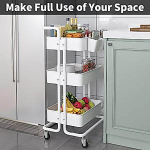 EZ COZY 3 Tier Rolling Cart Heavy Duty,Metal Rolling Utility Cart with Wheels and Handle, Rolling Storage Cart with 2 Hanging Buckets, Multifunctional Trolley for Kitchen, Living Room, Office (White)