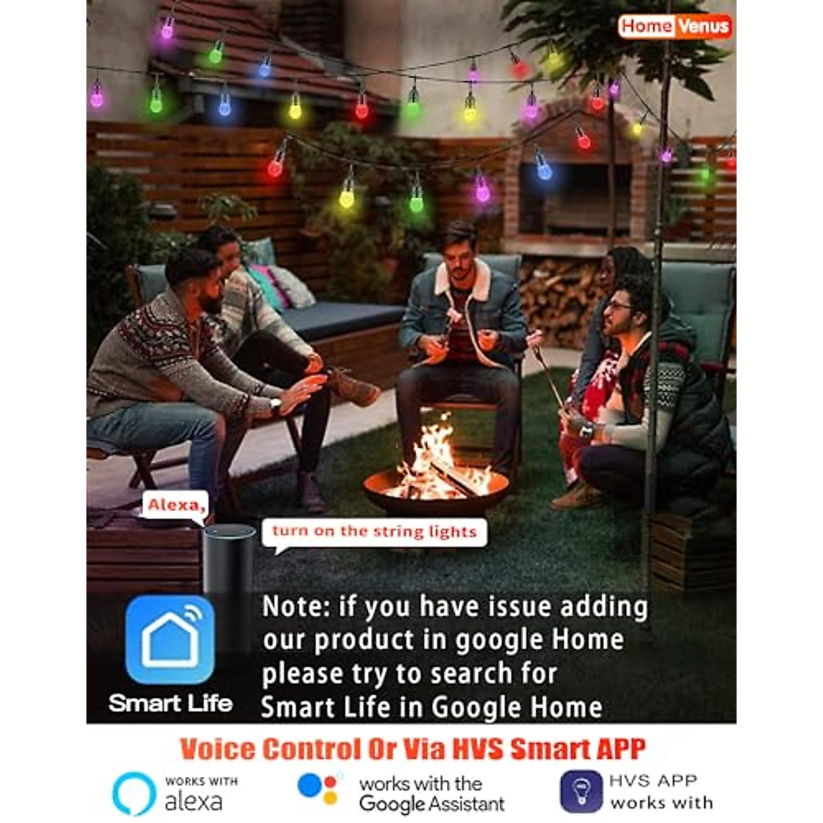 HVS Smart Outdoor String Lights LED 36Ft Color Changing RGBW Patio String Lights Infinite Connectable APP Control 2.4GHz WiFi Waterproof 18 Acrylic Work with Alexa Google for Party Outside Cafe