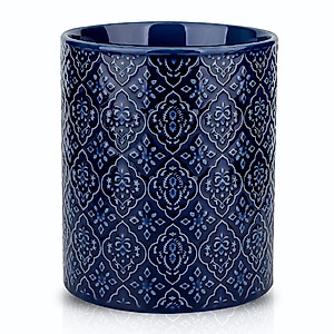 KOOV Kitchen Utensil Holder, Large Utensil Holders for Countertop, 6 x 7 Inches Ceramic Utensil Crock, Deep and Stable, Cooking Utensil Holder, Embossed Pattern (BLue)