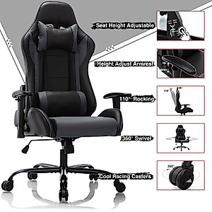 Reclining Gaming Chair - Adjustable Back Angle and Arms High Back PU Leather E-Sports Racing Gamer PC Computer Desk Swivel Office Chair - Grey
