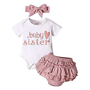 Dimoybabe Baby Girl Clothes Stuff Newborn Infant Summer Cute Outfit Cotton Ruffle Short Sleeve Romper + Floral Pants + Headband White Pink Baby Sister 0-3 Months 70CM
