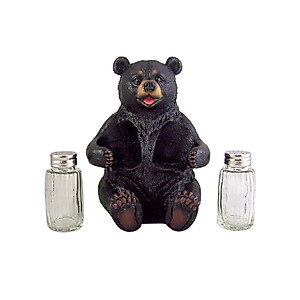 Liphontcta Season Beary Carefully Black Bear Salt and Pepper Shaker Holder 7 Inch (Shakers Included)