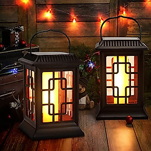 Dyna-Living Solar Lantern Hanging Solar Light Outdoor Waterproof 2pack Flickering LED Flame Hanging Solar Lanterns with Handle for Yard, Porch, Garden, Pathway(Black)