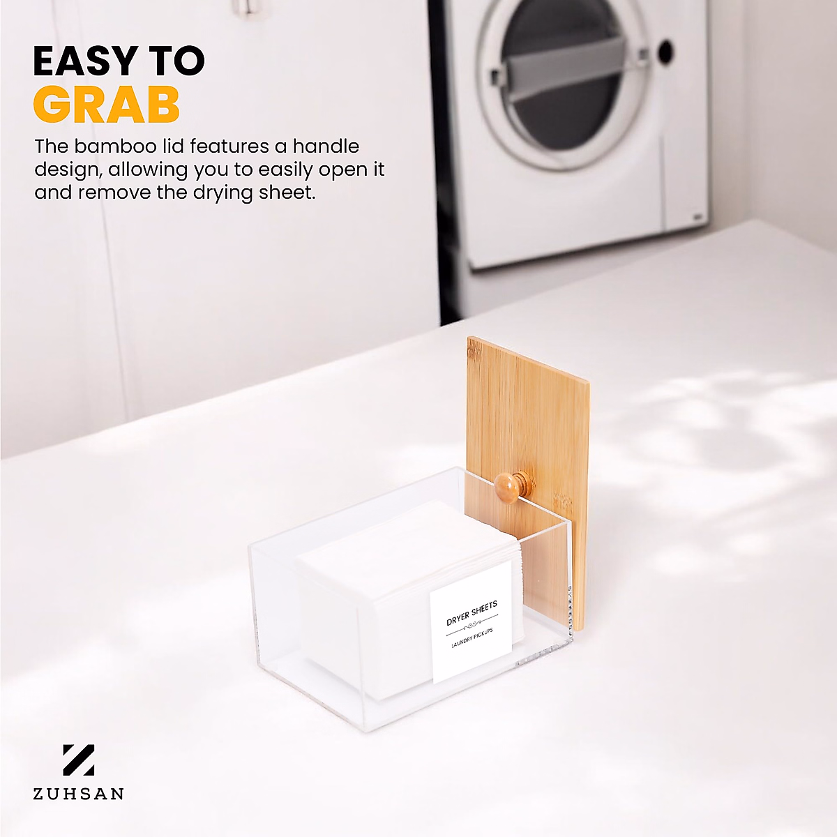 ZUHSAN Dryer Sheet Holder with 10 bonus random Labels, Acrylic made Dispenser, Acrylic Container Storage Box for Laundry Room Organization, Holds Sheets, Balls, Clothes Pins, Laundry Pods