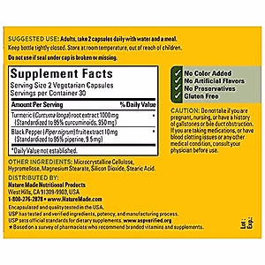 Nature Made Extra Strength Turmeric Curcumin with Black Pepper, 1000mg Turmeric extract (950mg Curcuminoids) per serving, Supports Healthy Inflammation Response, 60 Vegetarian Capsules, 30 Day Supply
