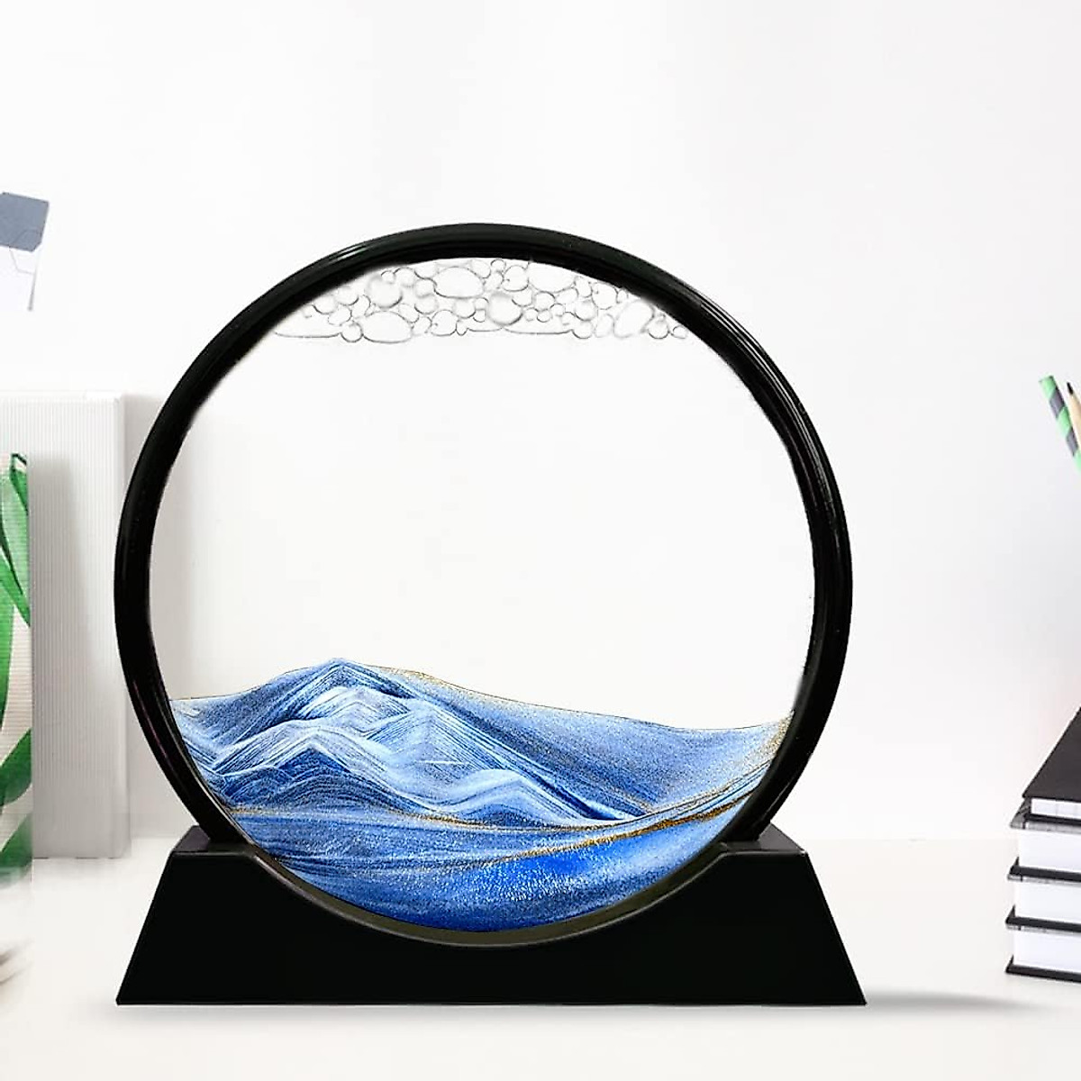 Feilicraft Moving Sand Art Picture Round Glass Frame Sandscapes 3D Deep Sea Display in Motion Dynamic Flowing Grit Photo Hourglass Desktop Art Home Office Decoration Party Gift (12‘’, Blue)