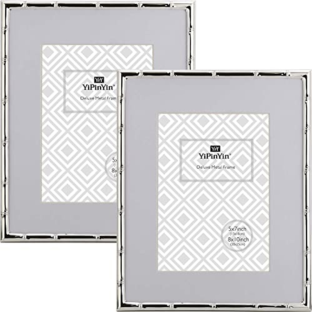 8x10'' Bamboo Detail Designs Silver Metal Picture Frame with Mat for 5x7'' Set of 2, Narrow Silver Plated Photo Frames 5 x7'' With Soft Touch Velvet Backing for Desktop and Wall Décor(Silver)