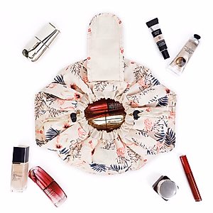 Barrel Drawstring Makeup Bag Large Cosmetic Bag Make up Bags Toiletry Organizer for Women (Beige Bird) (Patent Pending)