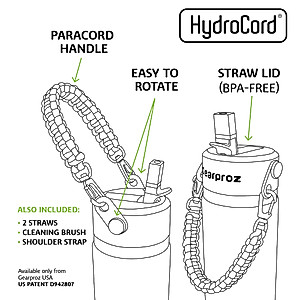 Gearproz Handle Compatible with Hydro Flask, Takeya, Thermoflask Bottle, Wide Mouth Straw Lid, Paracord Strap (Black)