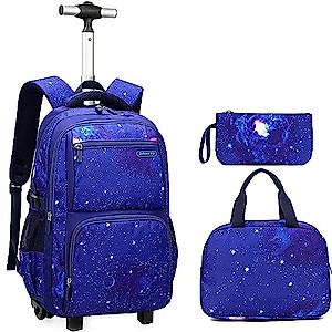 ZBAOGTW Rolling Backpack Boys 3 in 1 School Wheeled Backpack Set Kids Luggage School Travel Rolling Backpack for Boys with Starry Sky Printed