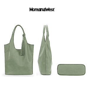 Montana West Hobo Purses and Handbags for Women Vegan Leather Shoulder Bag Top Handle Purse Set 2 pcs with Tassel MWC2-079LGN