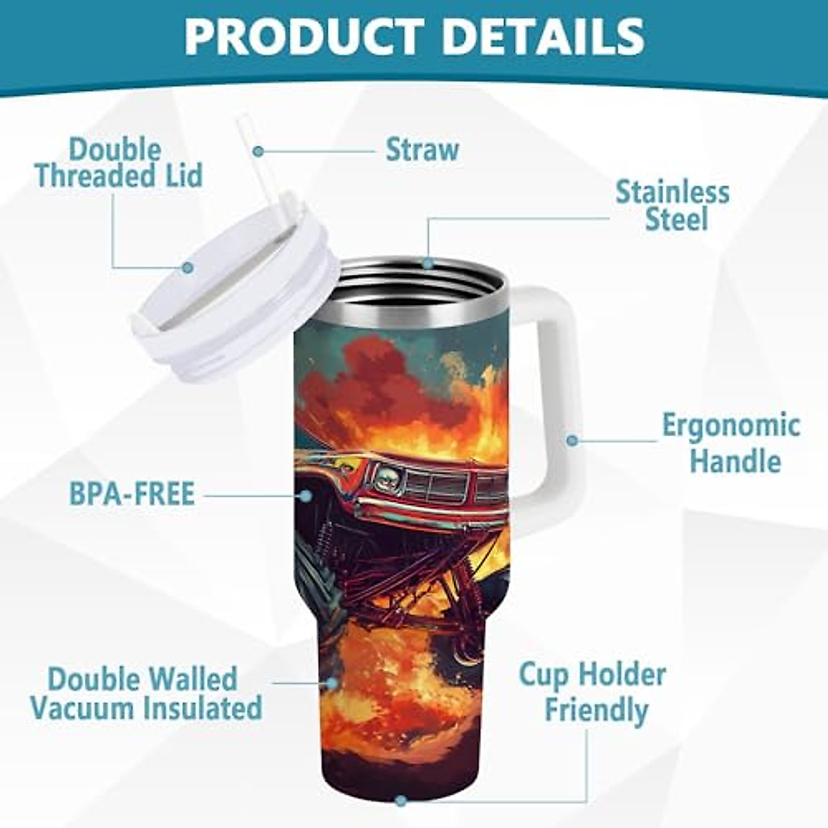 RPLIFE Monster Truck Stainless Steel Mug, Insulated Cup with Straw, Tumbler for Men