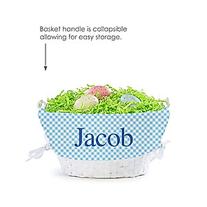 Personalized Easter Egg Basket with Handle and Custom Name | Blue Gingham Easter Basket Liners | White Basket | Woven Easter Baskets for Kids and Adults | Customized Easter Basket | Gift for Easter