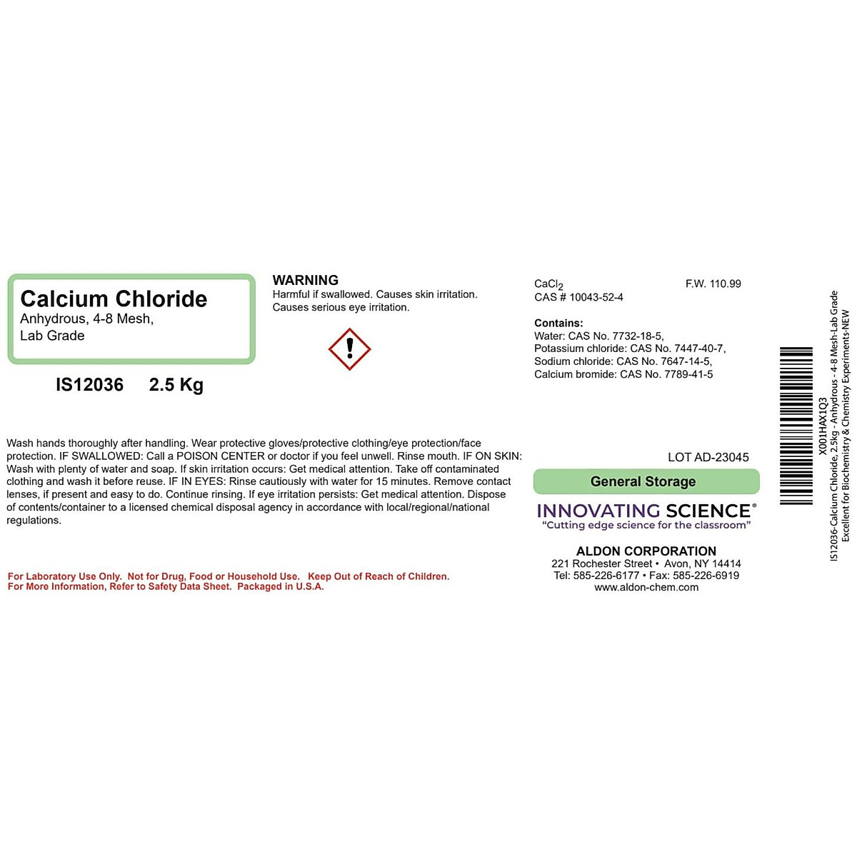 ALDON Innovating Science Calcium Chloride, 2.5kg - Anhydrous - 4-8 Mesh - Laboratory Grade - Excellent for Biochemistry & Chemistry Experiments - The Curated Chemical Collection