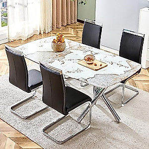 Modern Dining Table for 4 to 6 People with Imitation Marble White Desktop and Dual X-Shaped Silver Metal Legs, Modern Rectangular Kitchen Table for Kitchen Dining Room, 71" W x 39" D x 30" H