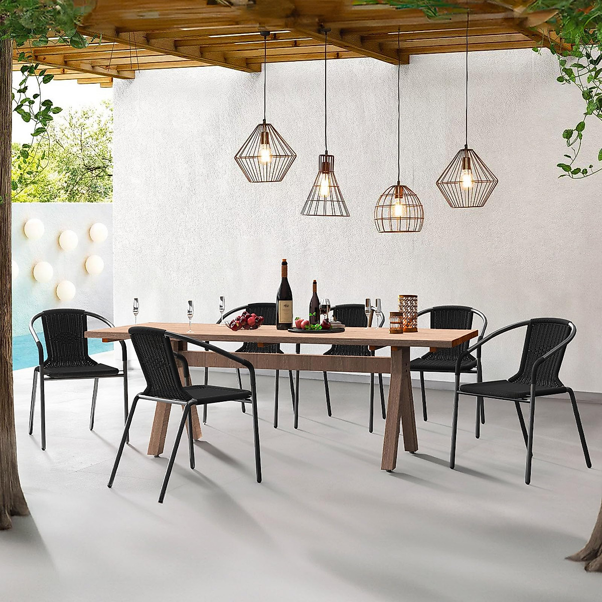 Amopatio Outdoor Dining Chairs Set of 4, Wicker Patio Chairs with Metal Frame, Rattan Indoor-Outdoor Chairs for Bistro, Deck, Yard, Porch, Restaurant Stack Chair 4 Pack Black