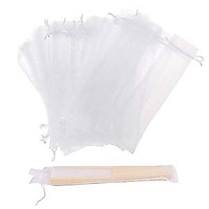 Bezall 50Pcs Organza Hand Fan Bags, 2x10 Inches White Folding Fan Drawstring Bag Hand Fan Decorative Pouch Party Wedding Favor Gift Bags