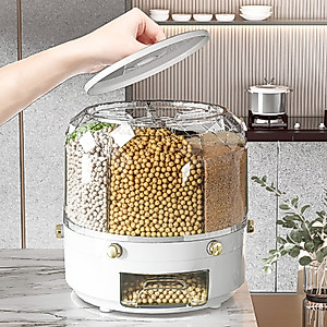 Rice and Grain Storage Container, 6KG Capacity 6 Grid Rice Dispenser, 360° Rotatable Food Storage Container, One Click Button Dry Food Storage Box Rice Bucket for Cereal, Grain, Beans(White)