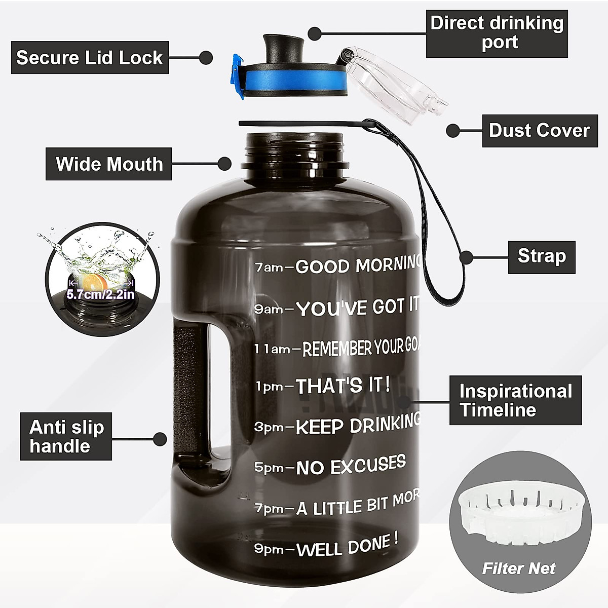 BuildLife Gallon Water Bottles with Times to Drink - Gallon Water Jug - 1 Gallon Water Bottle–128 oz Water Bottle,One Gallon Water Bottle with Time Marke for Gym(Black, 1 Gallon)