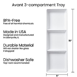US Acrylic Avant White Plastic Divided Serving Trays (Set of 4) 15” x 5” | Narrow Reusable 3-Section Party Platters | Serve Appetizers, Fruit, Veggies, & Desserts | BPA-Free & Made in USA