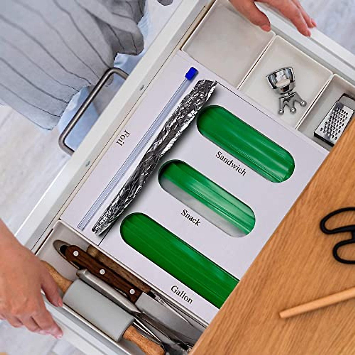 White Bamboo Plastic Bag & Food Wrap Organizer compatible with Ziploc Bags (Gallon, Quarter, Half-Gallon and Snack Sized), Saran Wrap, Tin Foil Organizer and Food Wrap Organizer