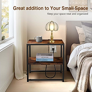 Tatub 20" End Table with Charging Station, Industrial Square Side Table with USB Ports & Outlets, Versatile 2-Tier Small Nightstand for Bedroom Living Room, Rustic Brown