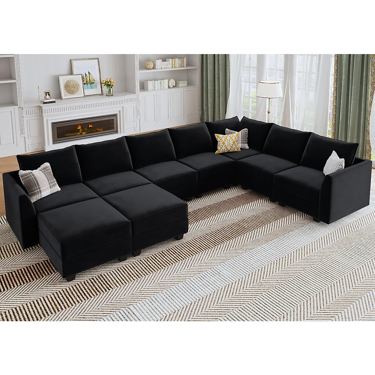 HONBAY Modular Sectional Sofa Velvet U Shaped Couch with Storage Oversized Sectional Sofa Couch for Living Room, Black