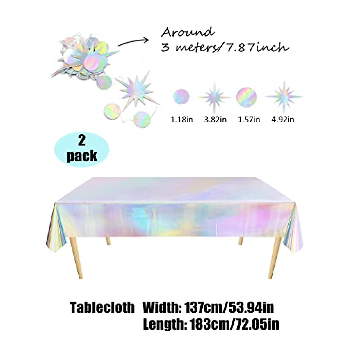 Iridescence Plastic Table Cloths for Parties 2 Pack Disposable Rectangle Holographic Foil Party Wedding Christmas Birthday Party Decorations with 2 Pack Star Garland Party Decorations Banner (Laser)