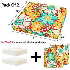 Magpie Fabrics Patio Square Chair Cushions 18"x18"x2.5" with Ties, 2 Pack, Waterproof Weather Resistant Outdoor Universal Corner Seat Cushion, for Garden Dining Office(Embry Red Hibiscus)