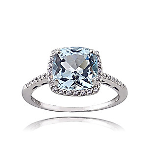 Ice Gems Sterling Silver Blue Topaz and Cubic Zirconia Cushion-Cut Halo Ring, Size 8