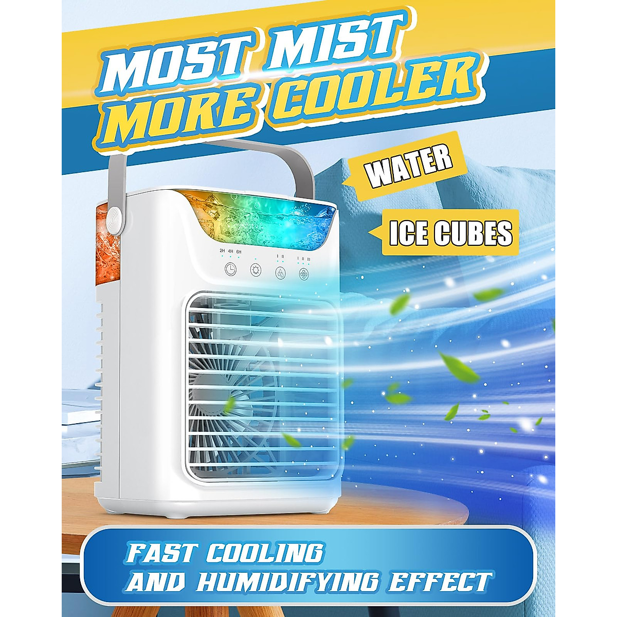 Portable Air Conditioners Fan, 2024 Upgraded Mini Air Conditioners Evaporative Air Cooler with 3 Cool Mist & Speeds, 3 Timer 7 Color Led, Small Air Conditioner Portable for Room Office Camping Car