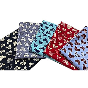 Disney Mickey Mouse Minnie Heads Character Cartoon Pattern 100% Cotton in Different Color Quilting Fabric for Patchwork Needlework DIY Sewing Crafting Precut Face Mask 18x22 Inches (Set of 5 Pieces)