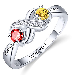 GLAMCARAT Sterling Silver Personalized ring 2 birthstones customized engraved jewelry for women infinity promise ring for her name ring (sterling-silver, 6)