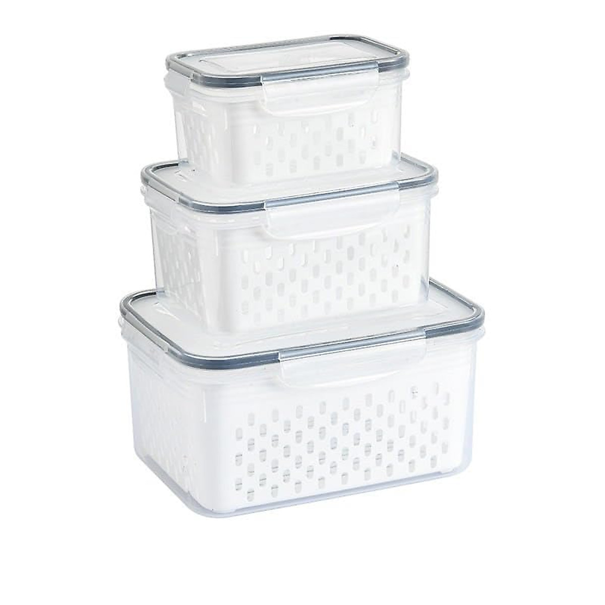3PCS Fruit Storage Container with Lid & Colander, Produce Vegetable Saver Container, Refrigerator Keep Fruits Veggie Food Meat Fish Fresh, Draining Fresh Container 3 In 1 Organizer