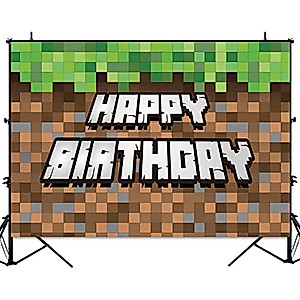 7x5ft Pixel Happy Birthday Backdrop for Video Game Family Birthday Party Supplies Decorations Mining Dirt Block Banner Pixel Miner Birthday Banner Photography Background