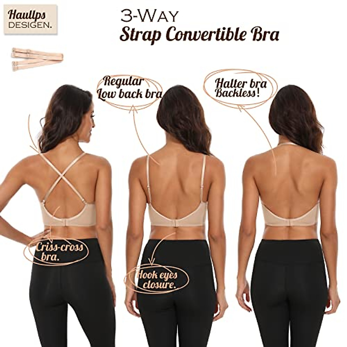 Haullps Deep Plunge Push Up Bra for Women Low back Bra Wire Lifting Bra with Multiway Convertible Straps Nude