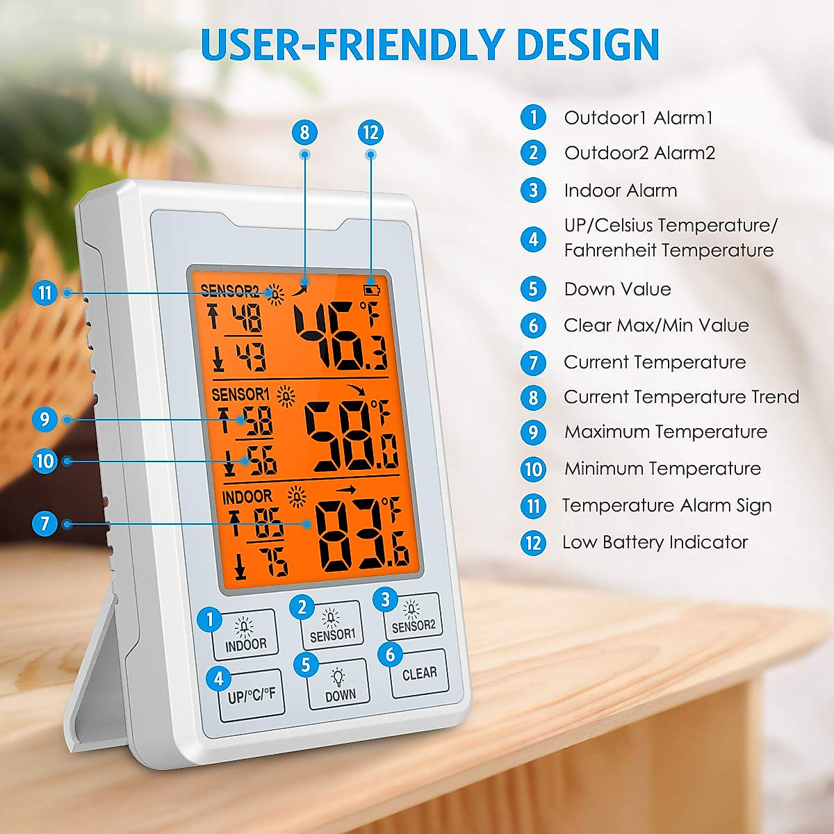 Refrigerator Thermometer, Wireless Digital Freezer Thermometer with 2 Sensors, Audible Alarm, Min and Max Record, Large LCD Display for Home, Restaurants, Bars (Battery not Included)