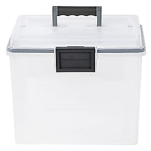 IRIS USA 19 Quart WEATHERPRO Plastic Office Storage Portable Letter Size File Box with Organizer-Lid and Seal and Secure Latching Buckles, Weathertight, Clear with Black Buckle, 1 Pack