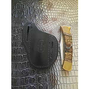 Leather Left Hand Pocket Knife Sheath Fits Buck 110 and 112 Knife, Folding Pancake Style Knife Holder, Black