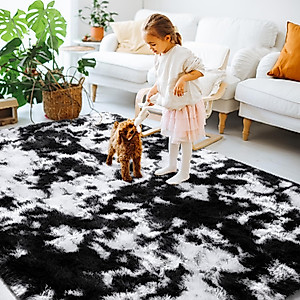EVOIONOS Black White Tie-dye Rug for Living Room, 4x6 Ft Fluffy Shaggy Bedside Area Rugs for Bedroom, Plush Soft Indoor Floor Carpet for Kids Room Home Decor, Upgraded Non Slip Washable Aesthetic Rug