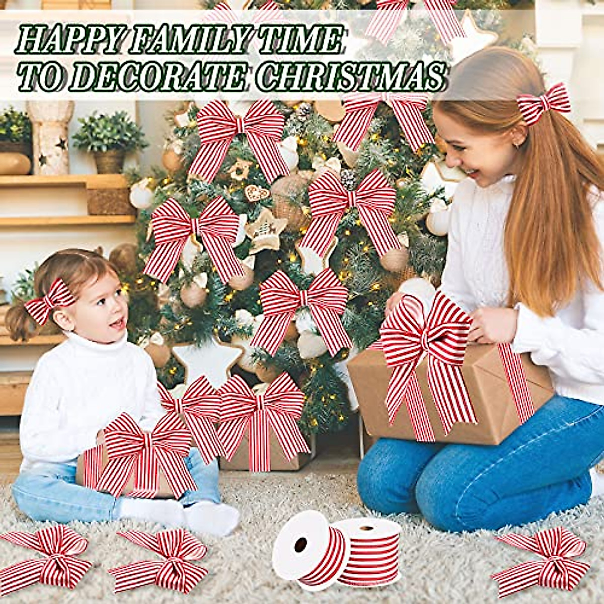 22 Yards Christmas Stripe Wired Edge Ribbon 1.5/2.5 Inch Craft Striped Ribbon Striped Fabric Ribbon for Bow Home Decor Wrapping Christmas Holiday DIY Party (Red and White Stripes)