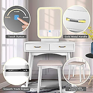 FUNKOCO Vanity Table Set with Lighted LED Touch Screen Dimming Mirror,Makeup Dressing Table with 2 Sliding Drawers, 1 Cushioned Stool for Bedroom, Bathroom (White)